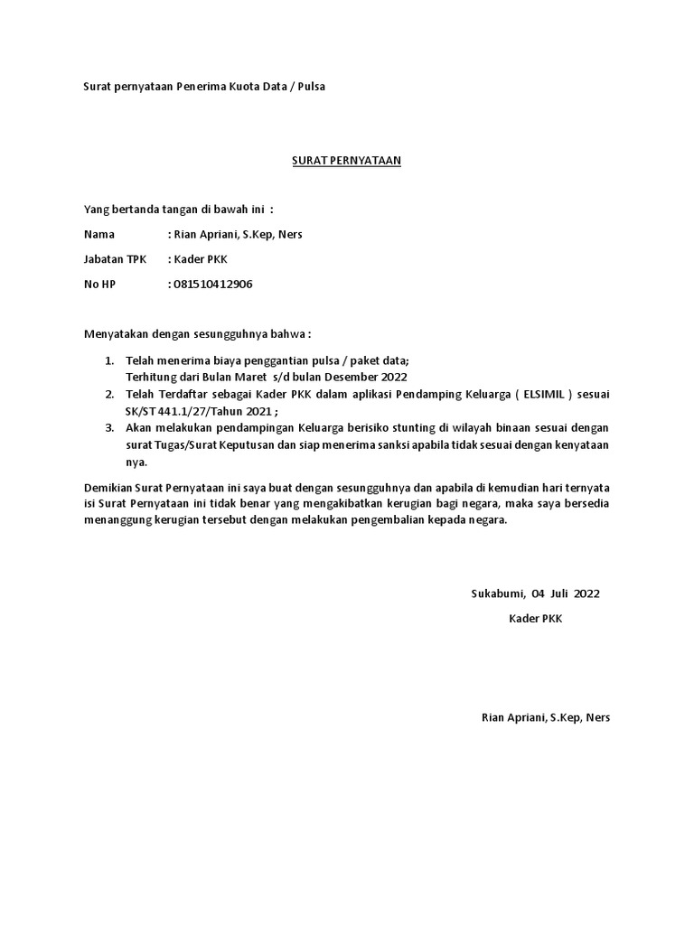 Surat Pernyataan Penerima Kuota Data | PDF