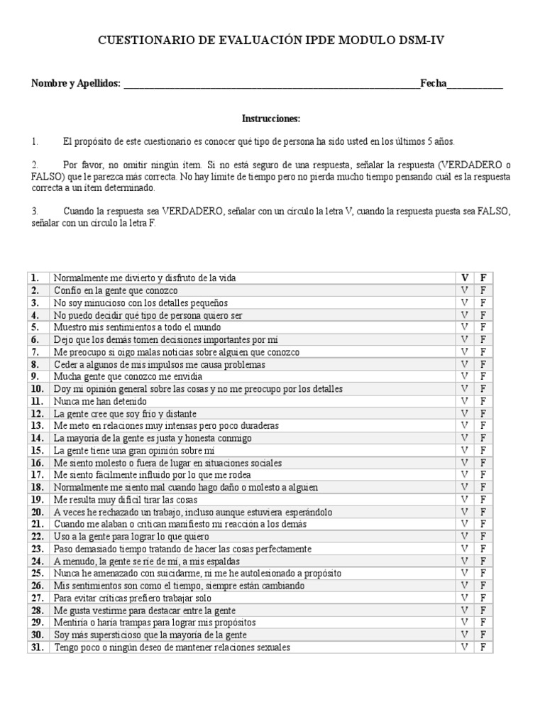 Cuestionario IPDE | PDF