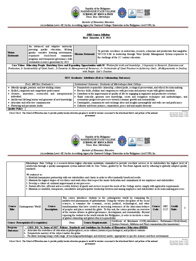 Syllabus in Contemporary World Final Edited 2nd Sem | PDF | Teachers | Academic Dishonesty