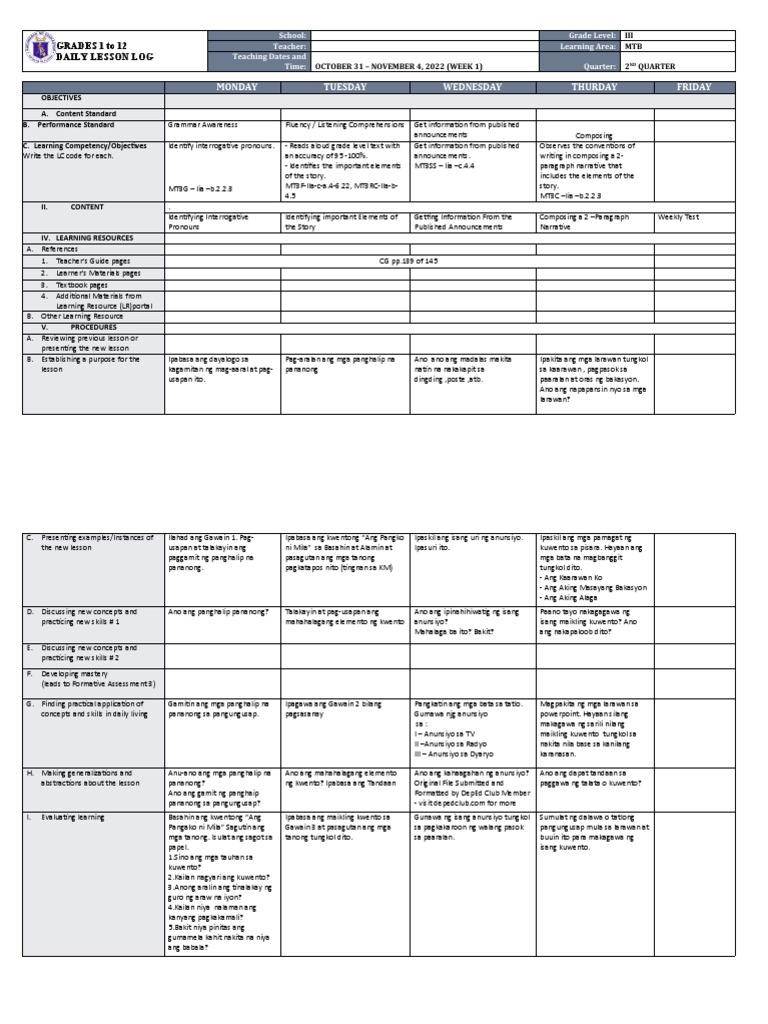 DLL - MTB 3 - Q2 - W1 | PDF