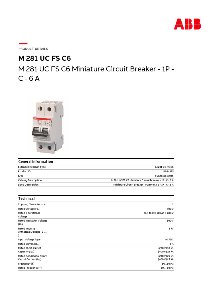 M 281 UC FS C6 Miniature Circuit Breaker - 1P - C - 6 A | PDF | Electrical Engineering | Power ...