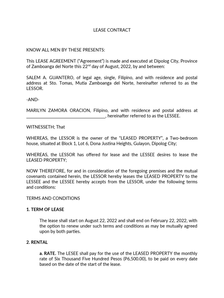 LEASE CONTRACT Block 1 Lot 6 | PDF | Lease | Urban