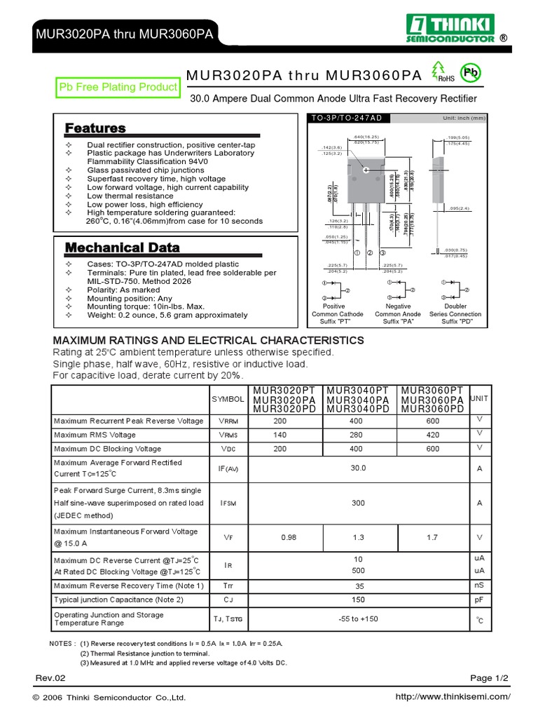 MUR3060PT | Download Free PDF | Rectifier | Capacitor