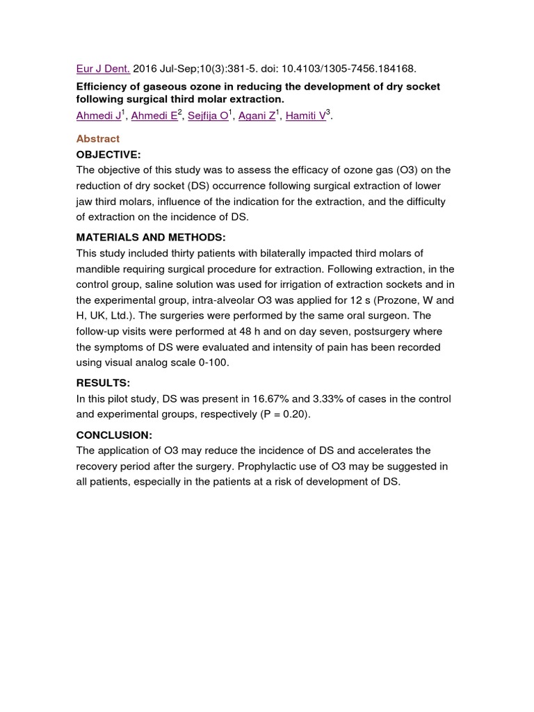 Efficiency of Gaseous Ozone in Reducing The Development of Dry Socket ...