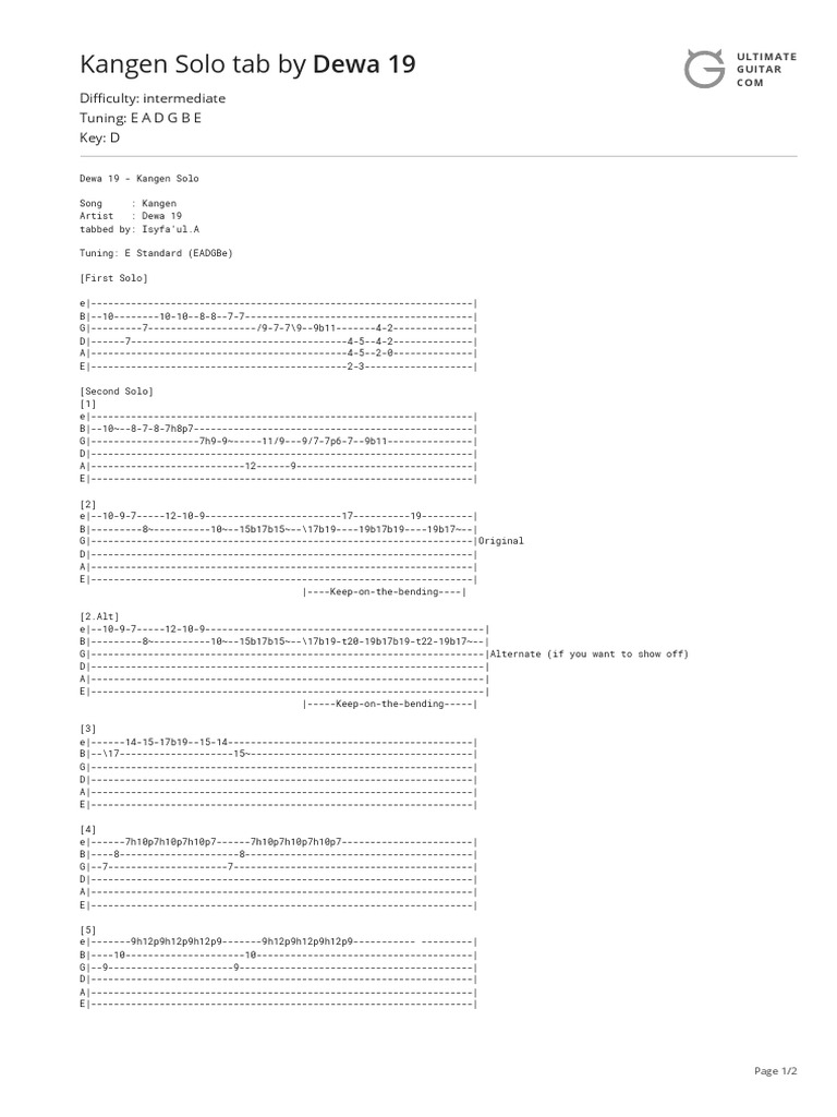 Kangen Tab by Dewa 19tabs at Ultimate Guitar Archive | Download Free ...