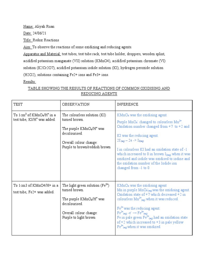 Redox Lab Final | PDF | Redox | Oxidizing Agent Redox Lab Final | PDF | Redox | Oxidizing Agent