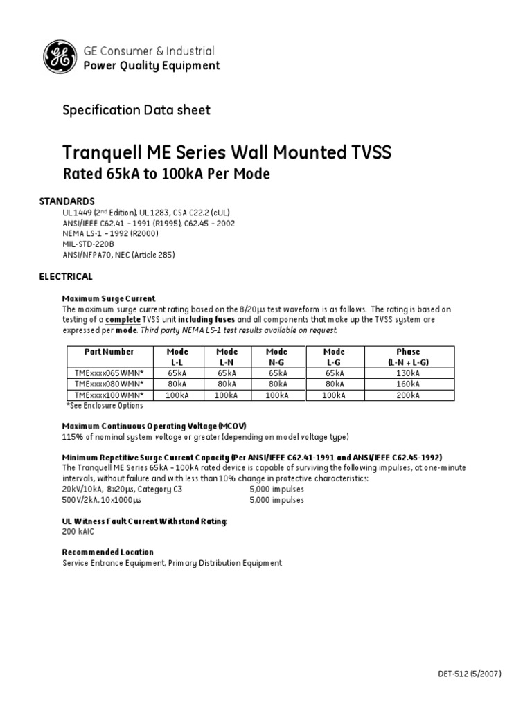 GE TVSS Specification Data Sheet (TME 65ka - 100ka - Wall Monut) | PDF ...