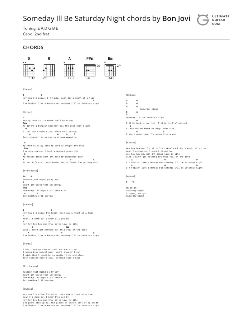 Bon Jovi's "Someday I'll Be Saturday Night" Chords | PDF | Song ...