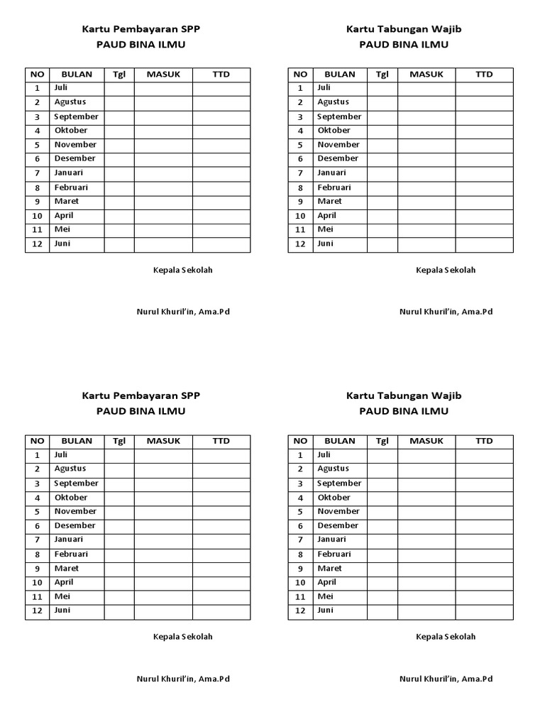 Kartu Pembayaran SPP | PDF