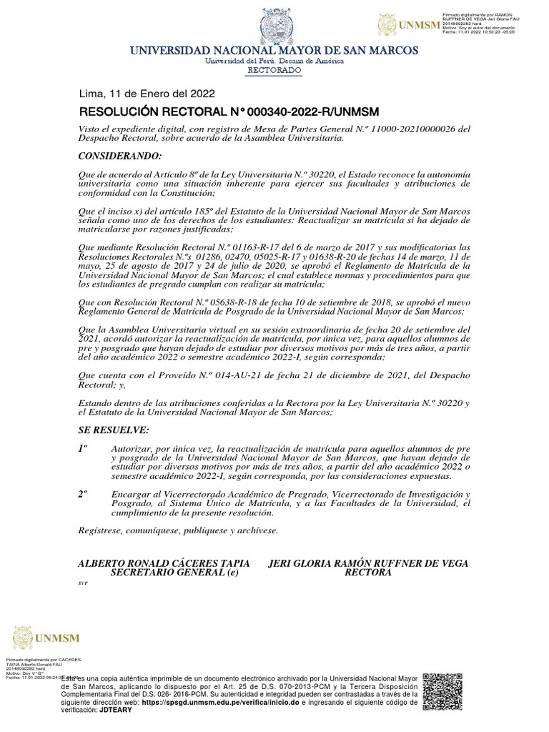 RESOLUCION RECTORAL 000340 2022 R Reactualizacion de Matrícula ...