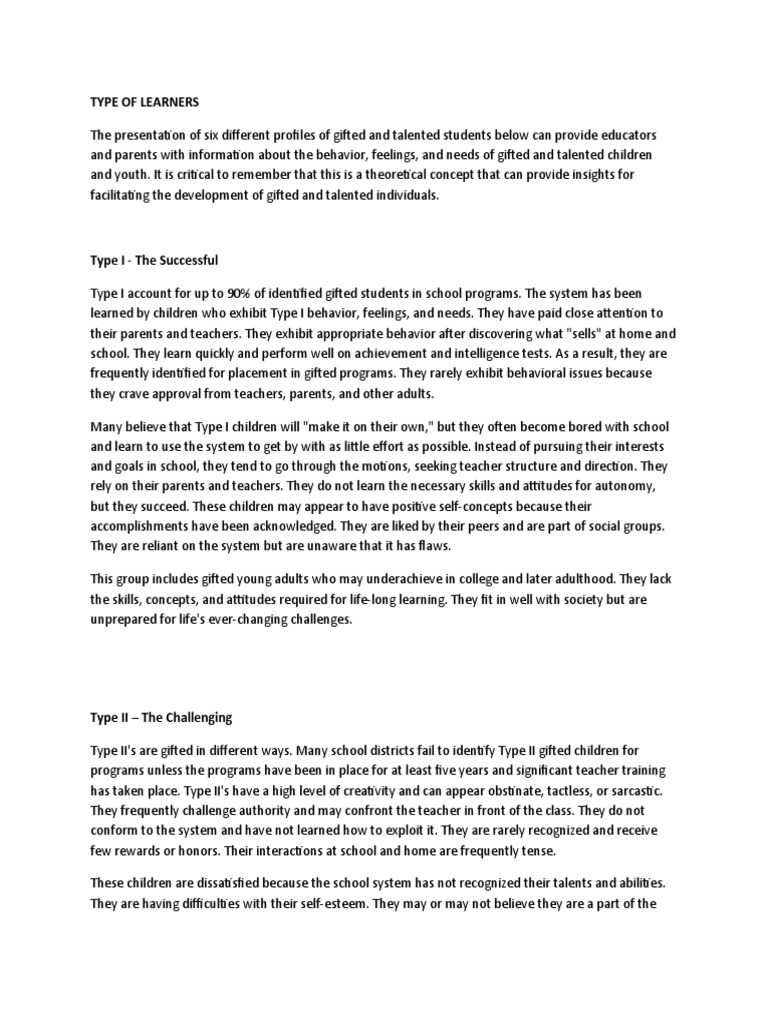 Type of Learners | PDF | Intellectual Giftedness | Gifted Education