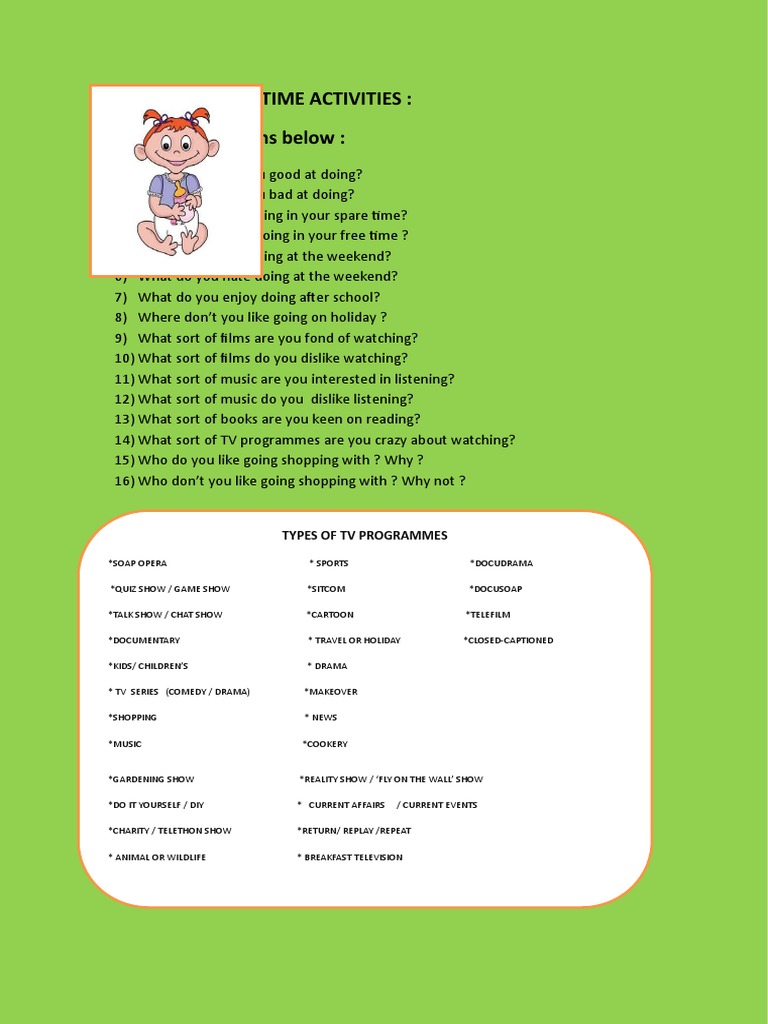 Hobbies and Free Time Activities Fun Activities Games | PDF | Creative ...