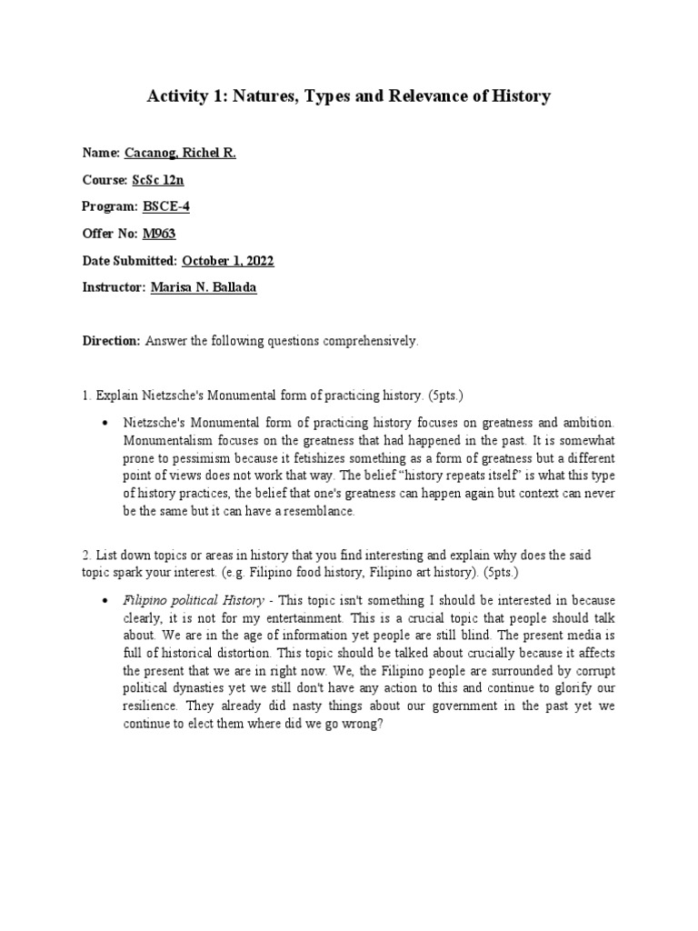 Activity No.1 Natures, Types and Relevance of History | PDF ...
