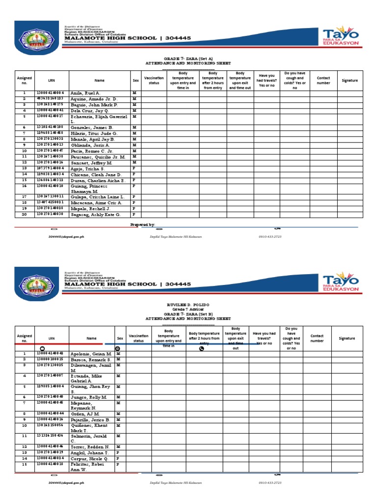 HEALTH MONITORING SHEET Attendance and Monitoring Sheet | PDF