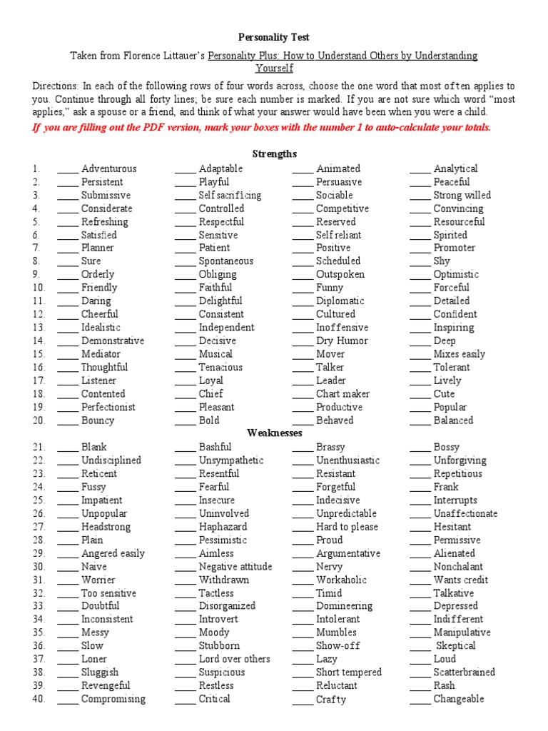 Florence Littauer Personality Test | PDF | Behavioural Sciences | Emotions