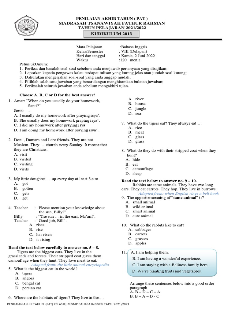 Soal Pat BHS Inggris Kelas 8 | PDF