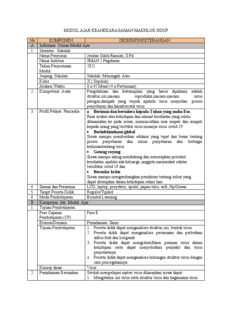Modul Ajar Virus | PDF