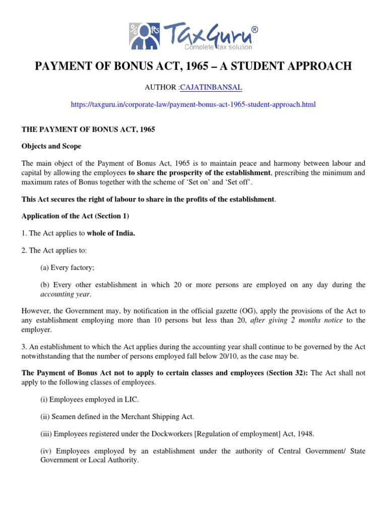 Payment of Bonus Act, 1965 – A Student Approach - Taxguru - in | PDF ...