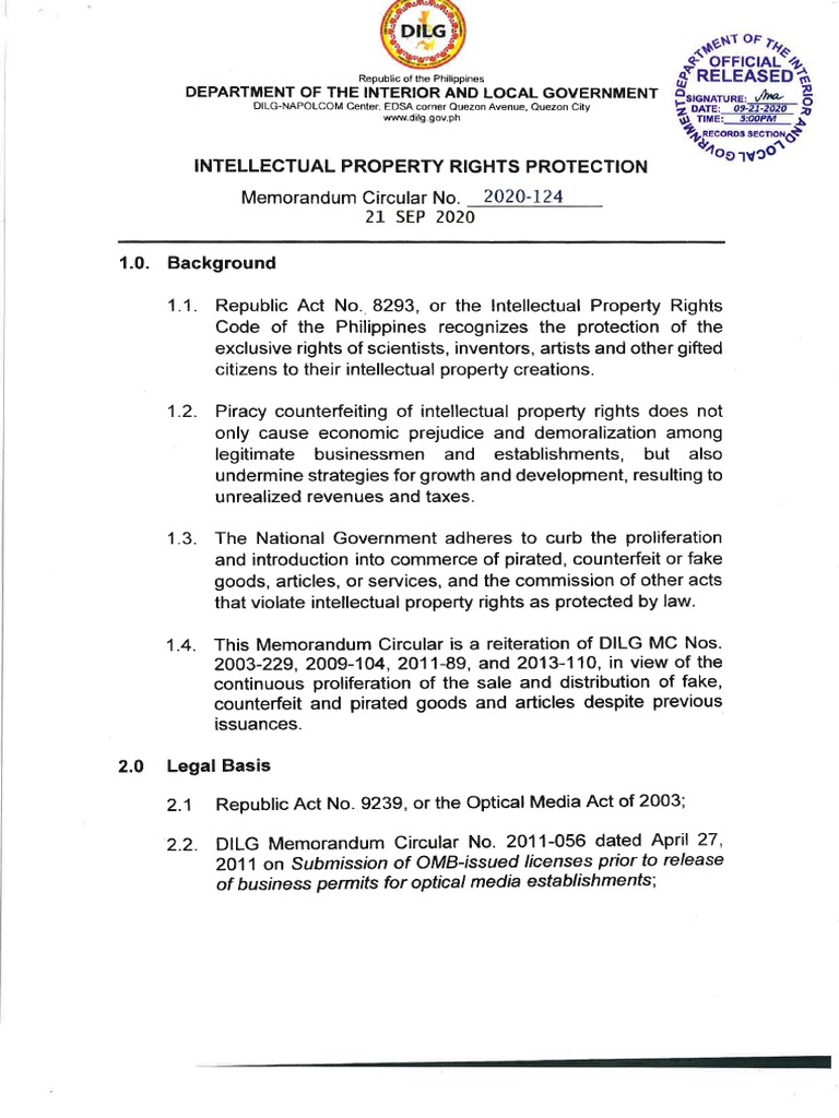 DILG Intellectual Property Rights Protection Memorandum Circular No. 2020-124 | PDF