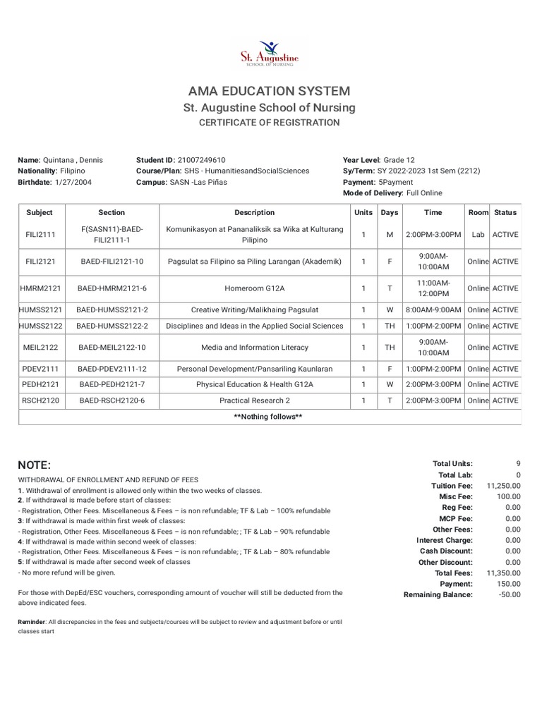 AMA EDUCATION SYSTEM CERTIFICATE OF REGISTRATION FOR DENNIS QUINTANA | PDF