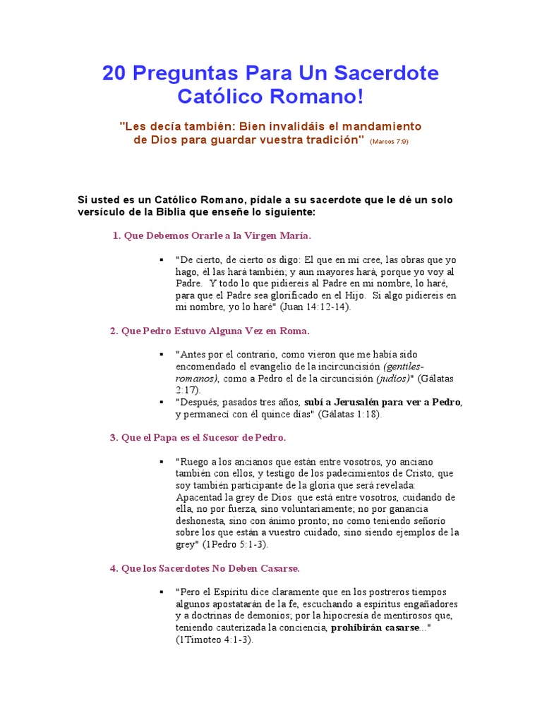 20 Preguntas para Un Sacerdote Cat+ Lico Romano | PDF | Jesús | Misa (liturgia)