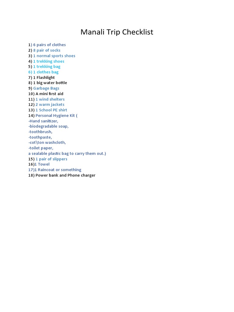 Manali Trip Checklist | PDF