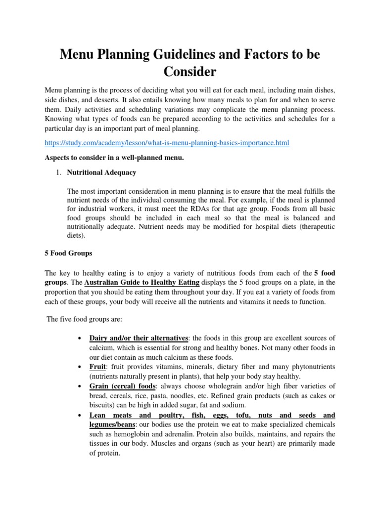 GROUP 2 - Menu Planning Guidelines and Factors To Consider | PDF | Menu ...