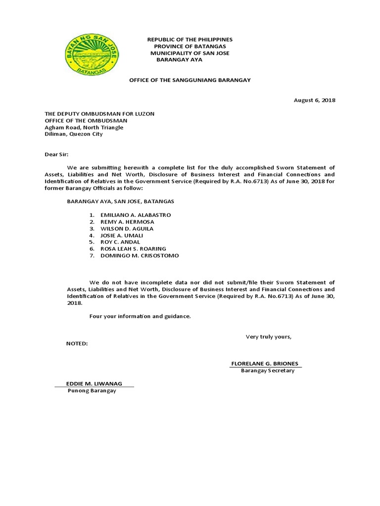 SALN-Transmittal 2018 AYA | PDF | Social Science