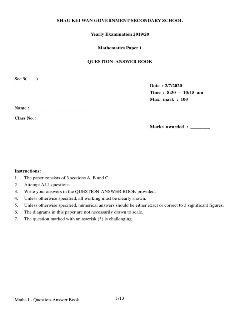 2019-2020 S3 Yearly Maths Exam P1 Question | PDF | Area | Elementary ...