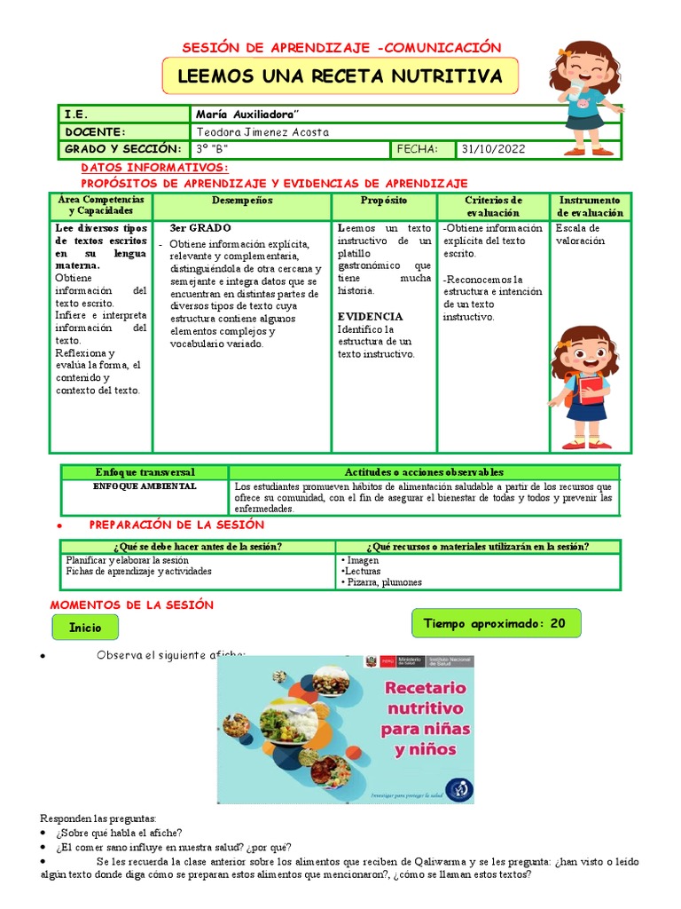Sesion Lleemos Una Receta Nutritiva | PDF | Aprendizaje | Evaluación