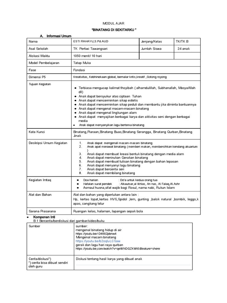 Modul Ajar Macam-Macam Binatang | PDF