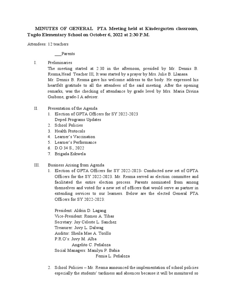 MINUTES OF GENERAL PTA Meeting Held at Kindergarten Classroom | PDF