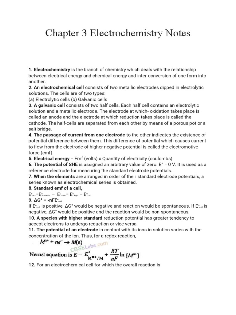 Chapter 3 Electrochemistry Notes | PDF | Electrochemistry | Electrical ...