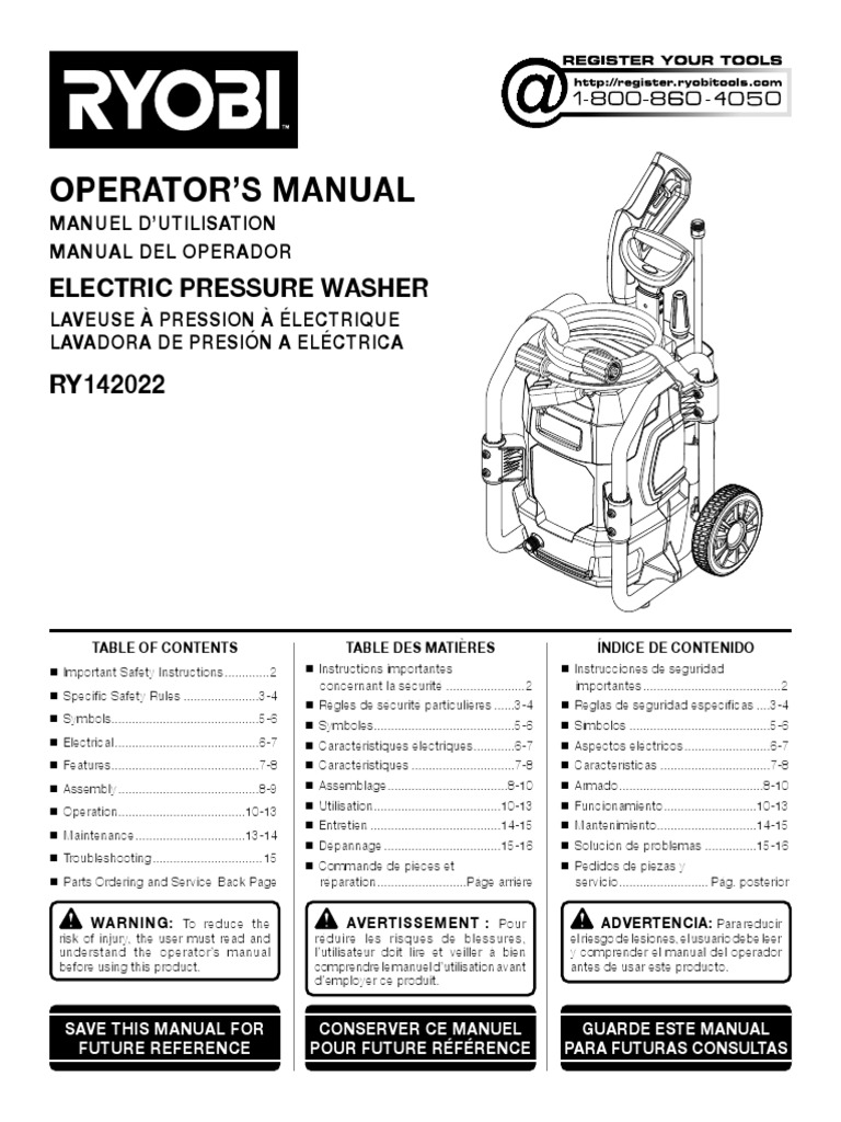 Ryobi RY142022 Pressure Washer | PDF