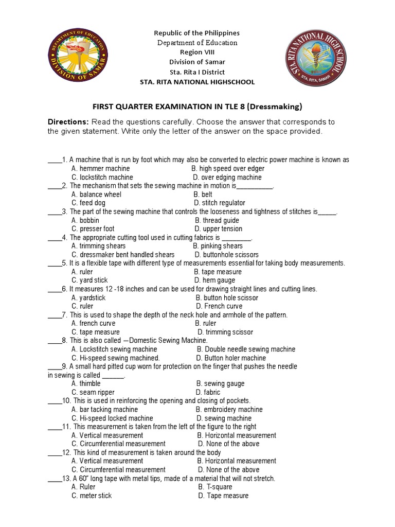 1st QTR Exam in Tle Dressmaking8 | PDF | Sewing | Sewing Machine