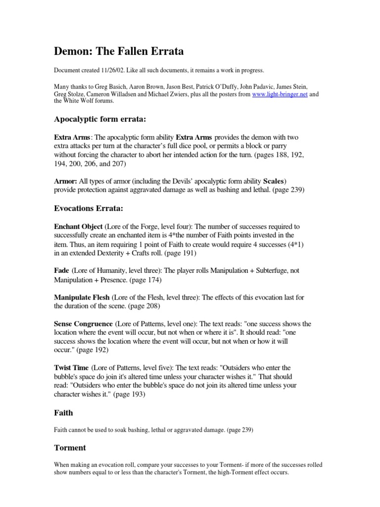 Demon The Fallen Errata | PDF | Role Playing Games | Gaming