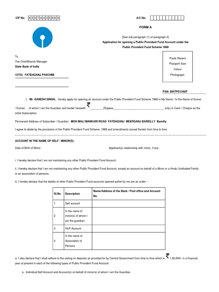 PPF Account Application and Nomination Form | PDF