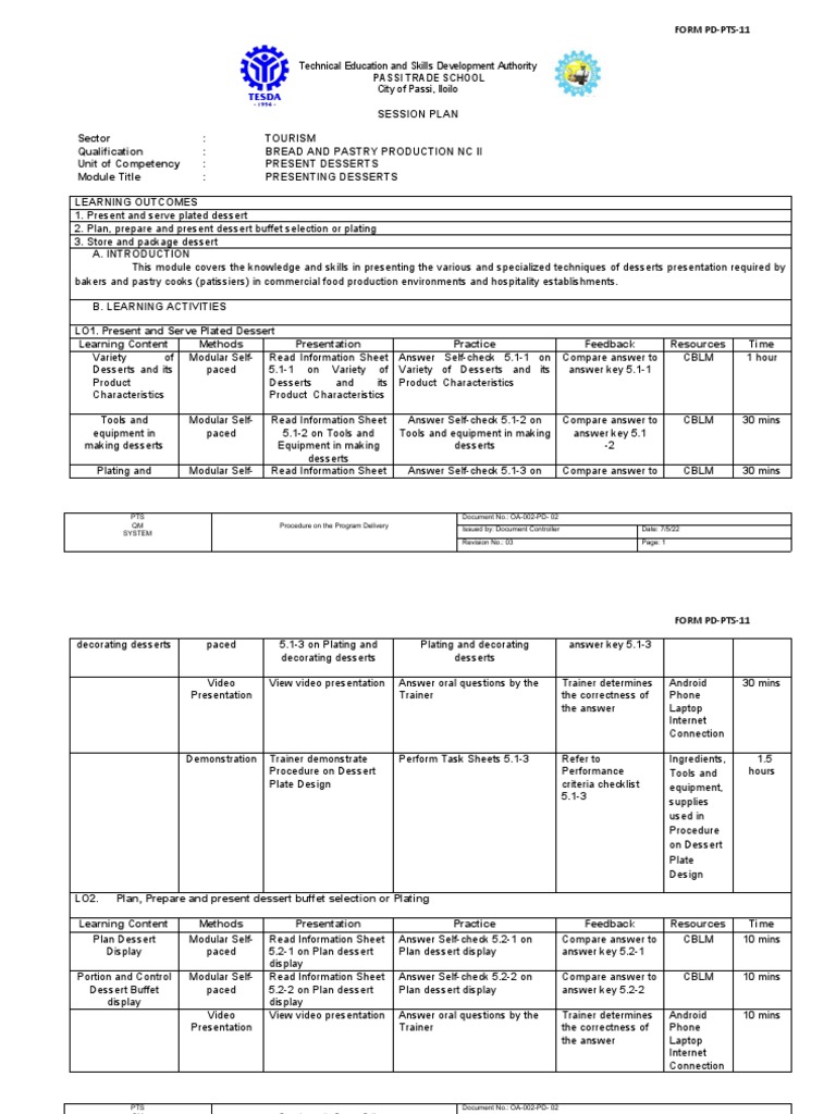 BPP-Session-Plan-UC5 JMG | PDF | Desserts | Learning