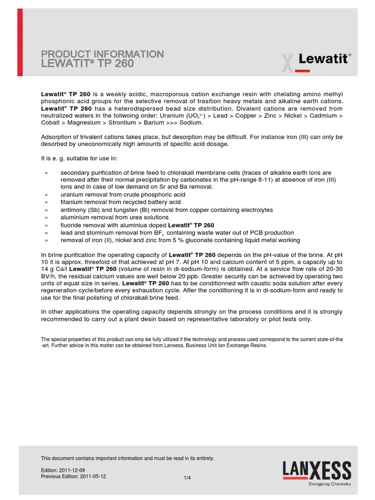 Lewatit TP 260 L | PDF | Calcium | Ph
