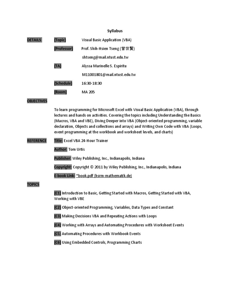 Vba Syllabus Pdf Visual Basic For Applications Microsoft Excel