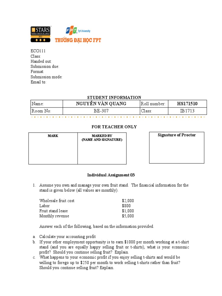 ECO111 - Individual Assignment 03 | PDF | Profit (Economics) | Cost