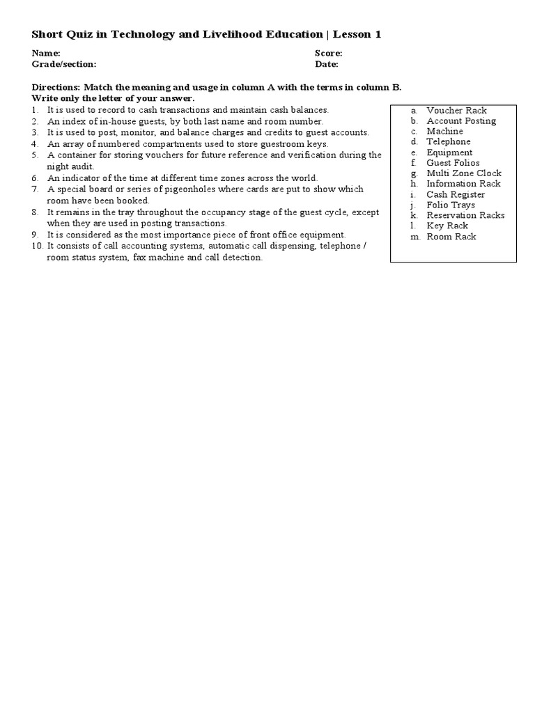 Short Quiz 1 in Technology and Livelihood Education | PDF | Home ...