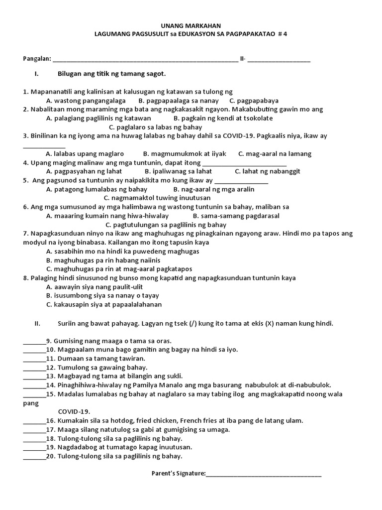 I. Bilugan Ang Titik NG Tamang Sagot | PDF