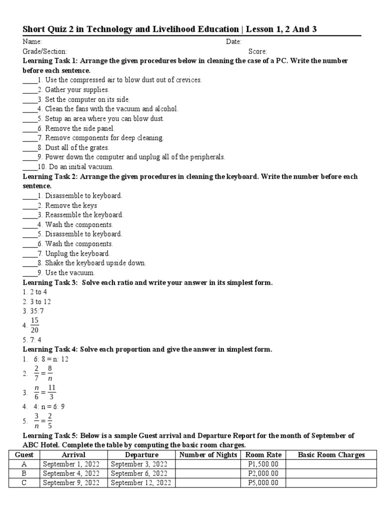 Cleaning Procedures and Basic Math Skills Quiz for Technology and Livelihood Education Students ...
