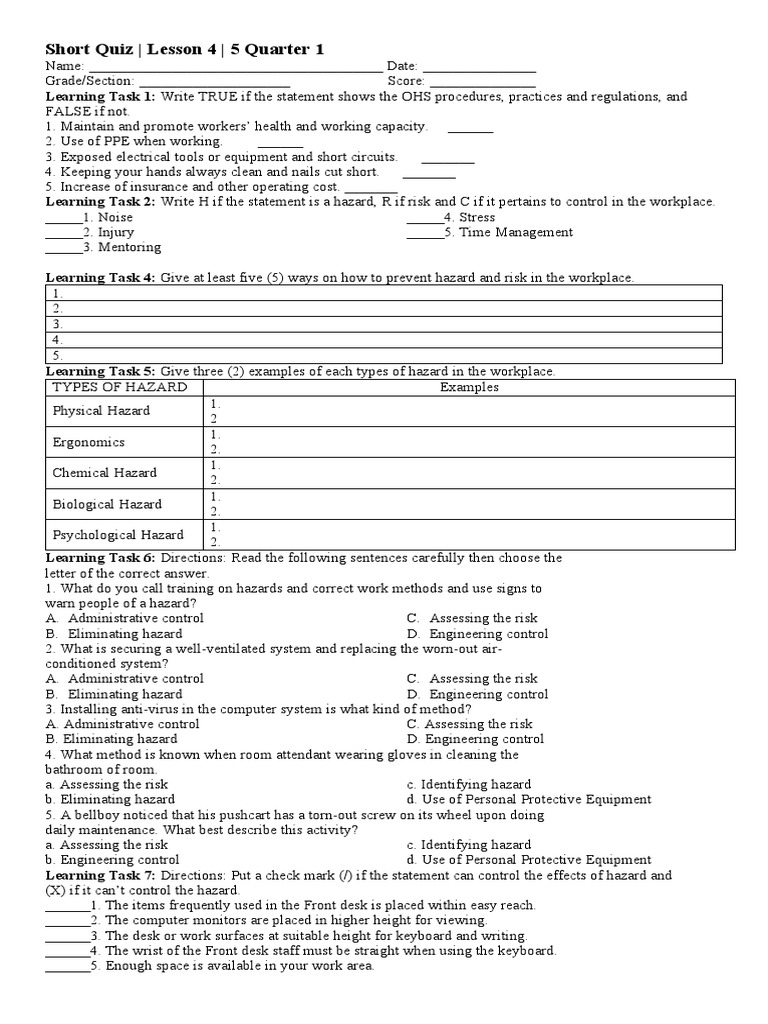 OHS Quiz: Workplace Safety Assessment | PDF | Personal Protective ...