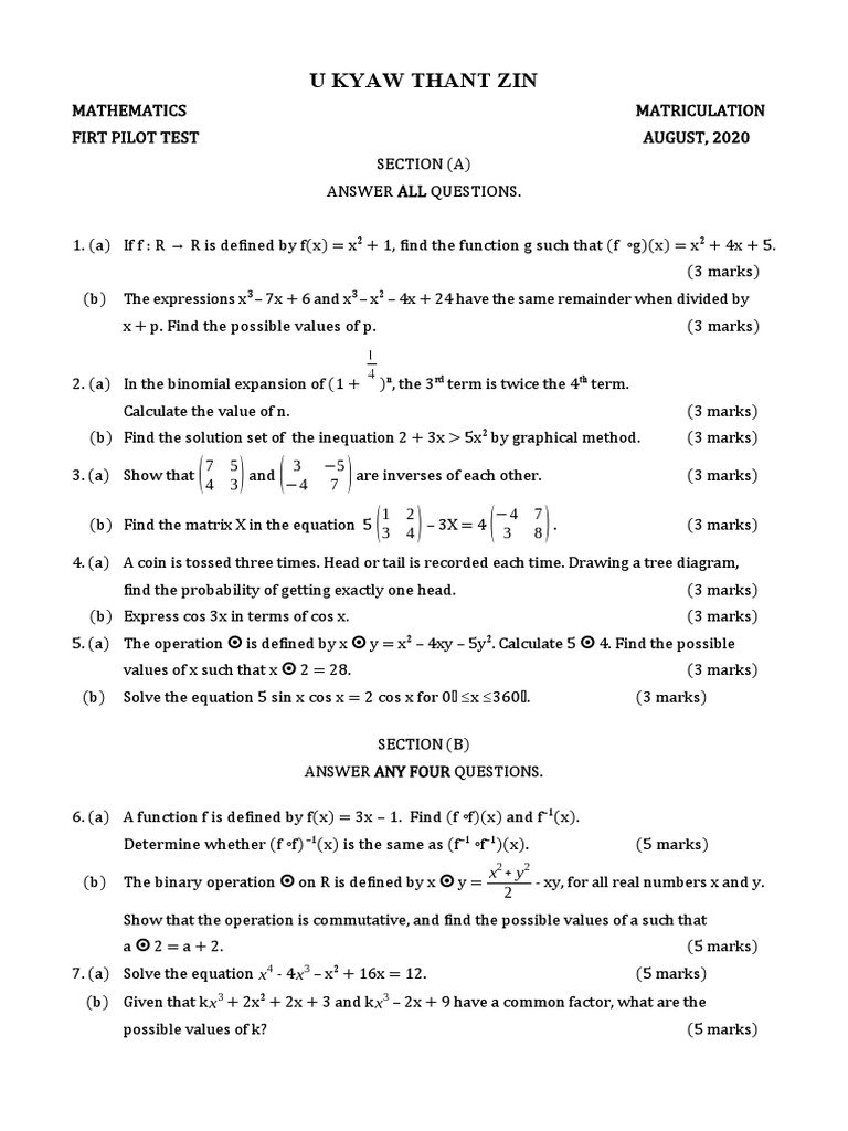 2020 First Pilot Test | PDF | Equations | Mathematics