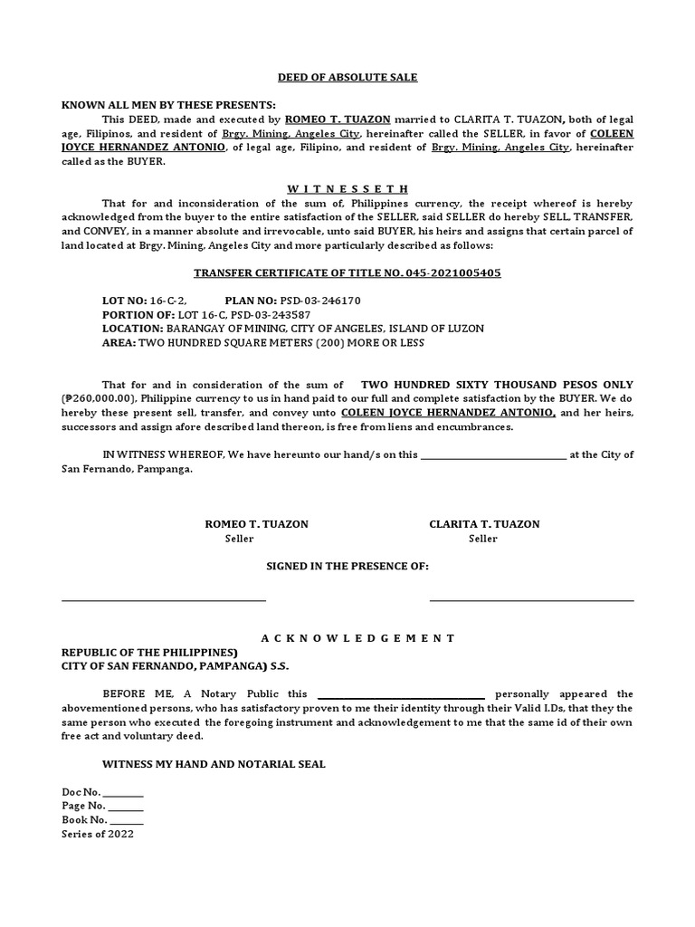 Deed of Absolute Sale - Tuazon | PDF | Land Law | Real Property Law