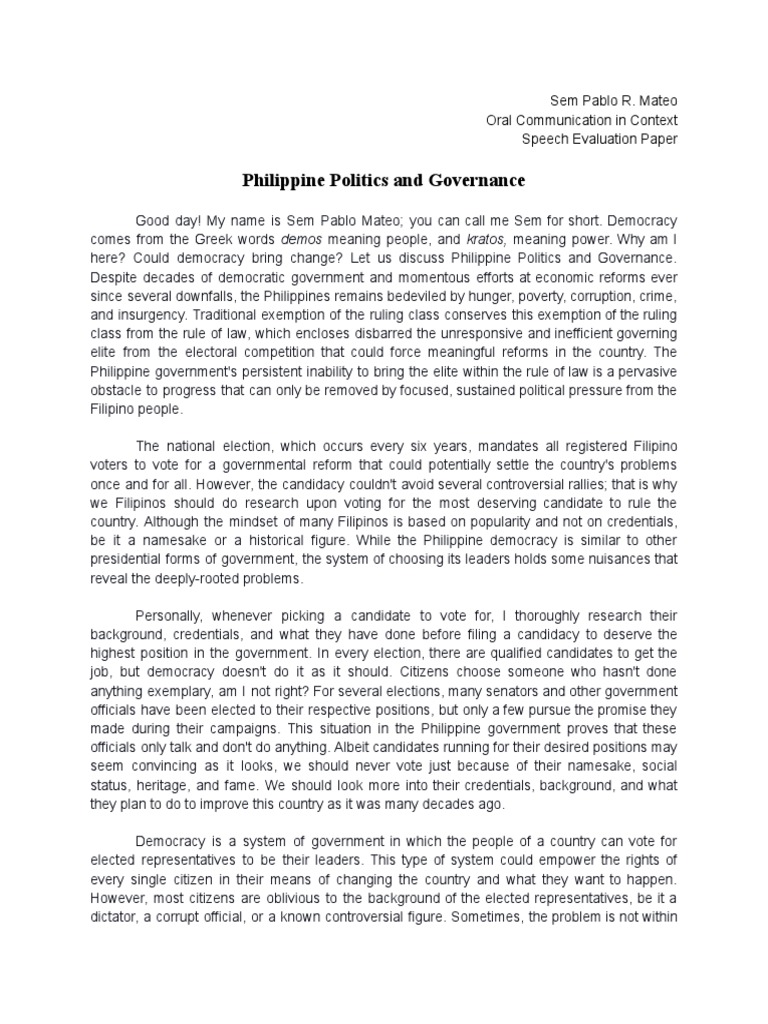 Philippine Politics and Governance Speech | PDF | Elections | Democracy