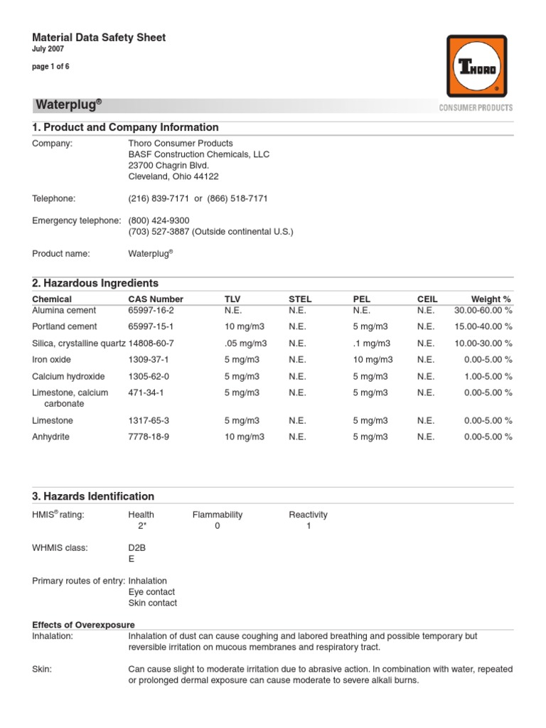MSDS Waterplug Sds | PDF | Silicon Dioxide | Superfund