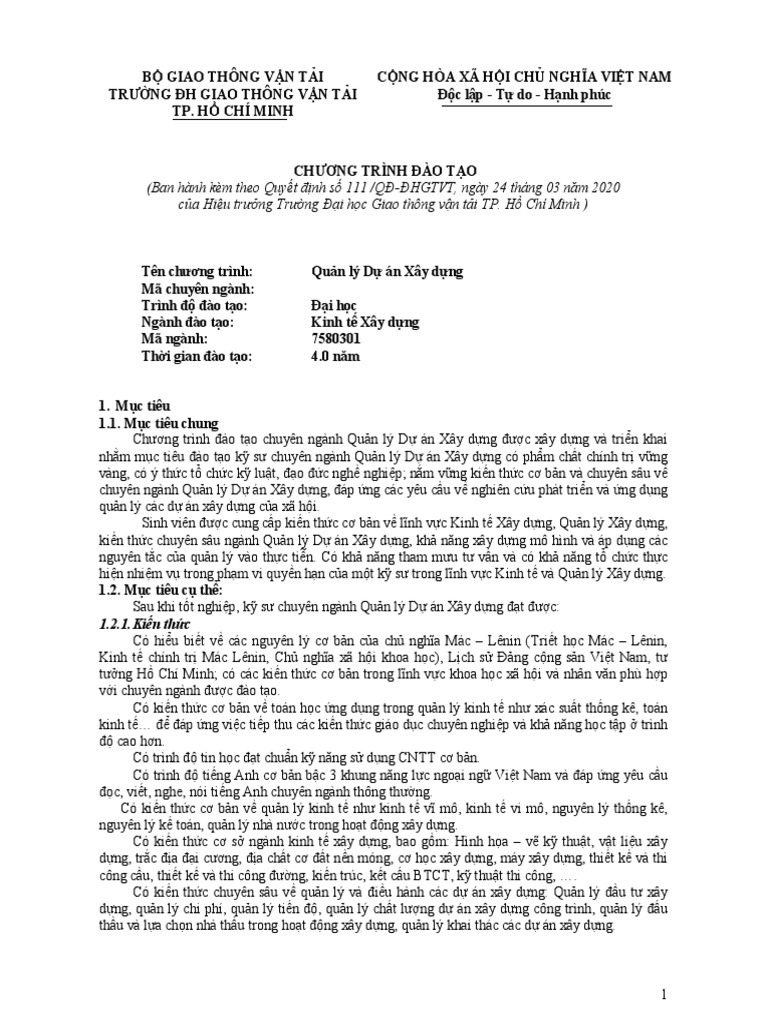 CTDT 2019 - CN Quan Ly Du An Xay Dung | PDF